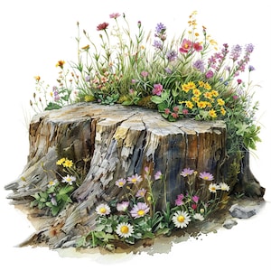 15 Flowers on a Log | Clipart Flowers | Printable Watercolor Clipart ...