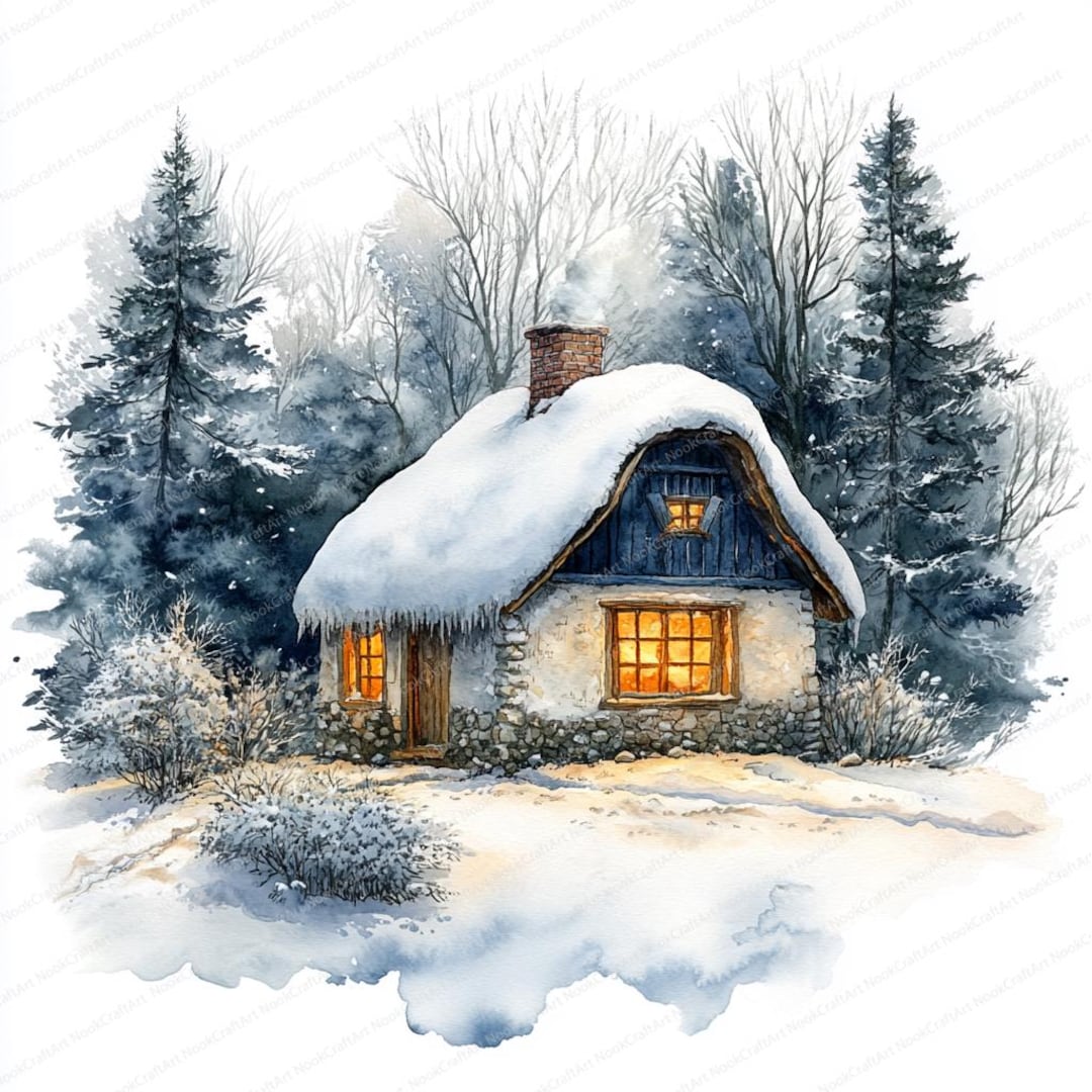 18 Cozy Snowy Cottage Clipart | Warm Winter House Illustration ...
