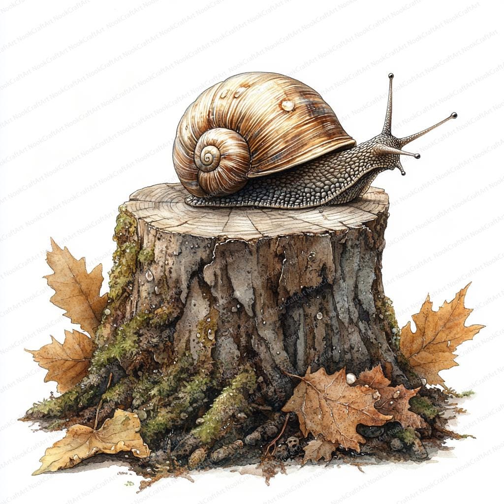 24 Snail on a Stump Clipart | Whimsical Nature Illustration | Printable ...