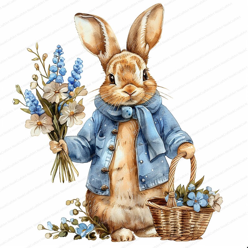 14 Spring Bunny Clipart Cute Bunny With Flowers Printable Watercolor ...