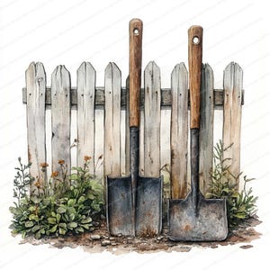 21 Garden Tools Clipart | Rake and Shovel by Fence | Printable ...