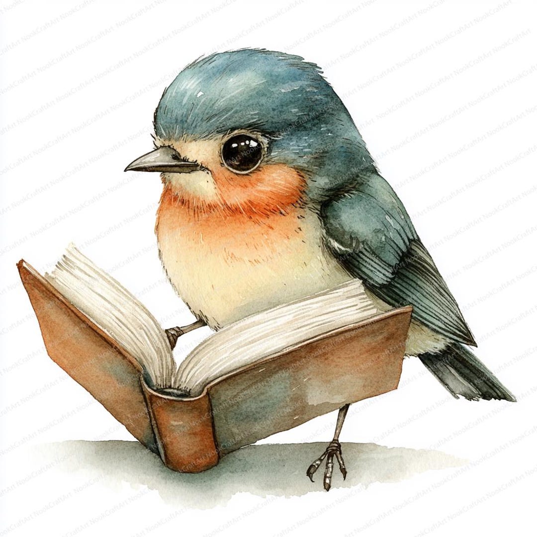 18 Bird Reading Book Clipart | Whimsical Study Scene Illustration ...