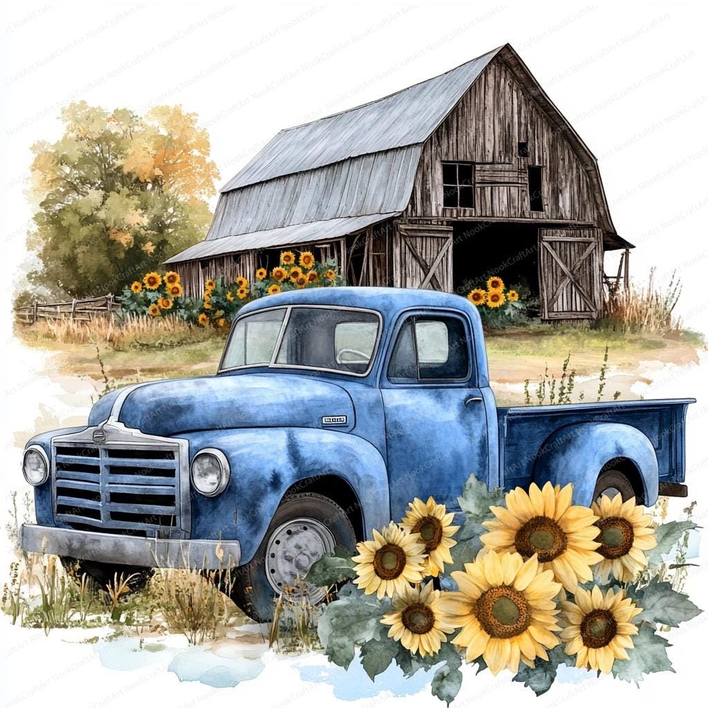 14 Rustic Blue Farm Truck Clipart | Old Farm Truck | Printable ...