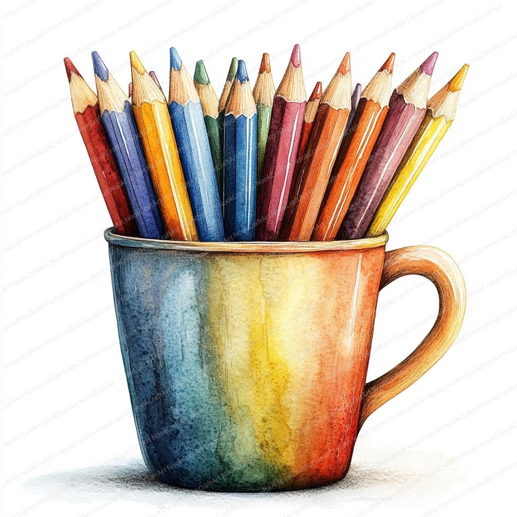 21 Colored Pencils in a Cup Clipart | Vibrant Art Supplies Illustration ...
