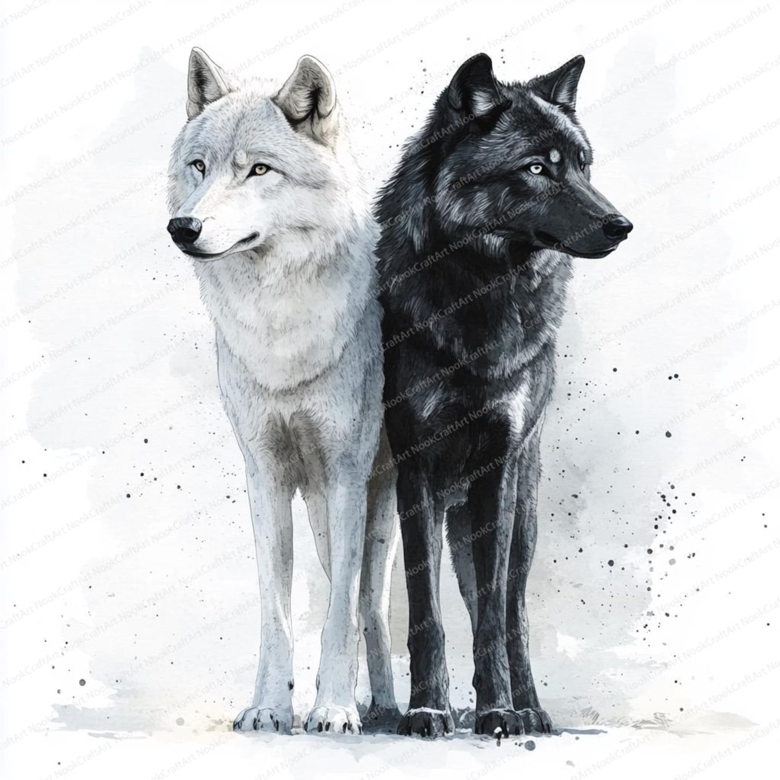 18 Wolf Duo Clipart | Black and White Wolves Art | Printable Watercolor ...