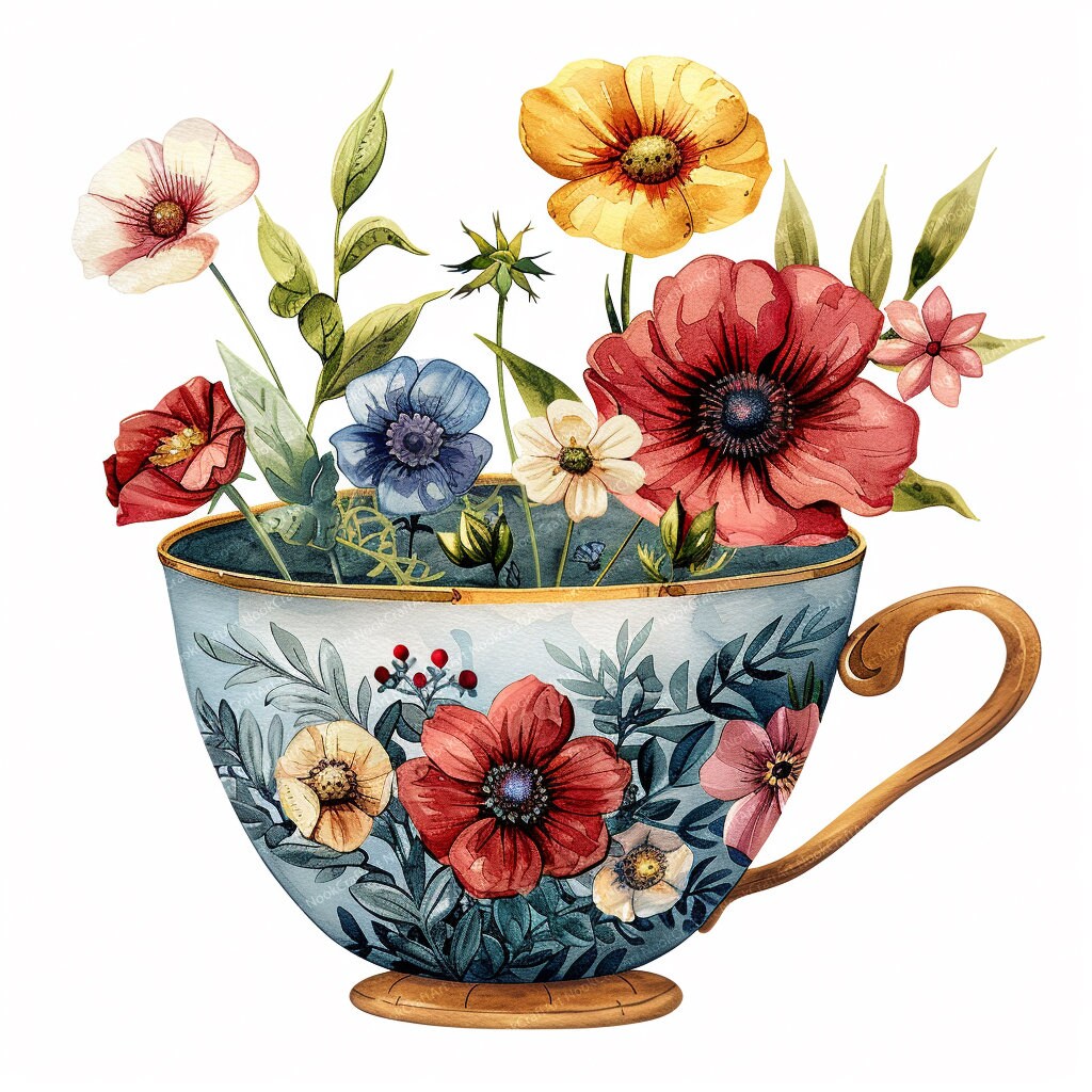 16 Floral Tea Cup Clipart Floral Tea Set Printable Watercolor Clipart ...