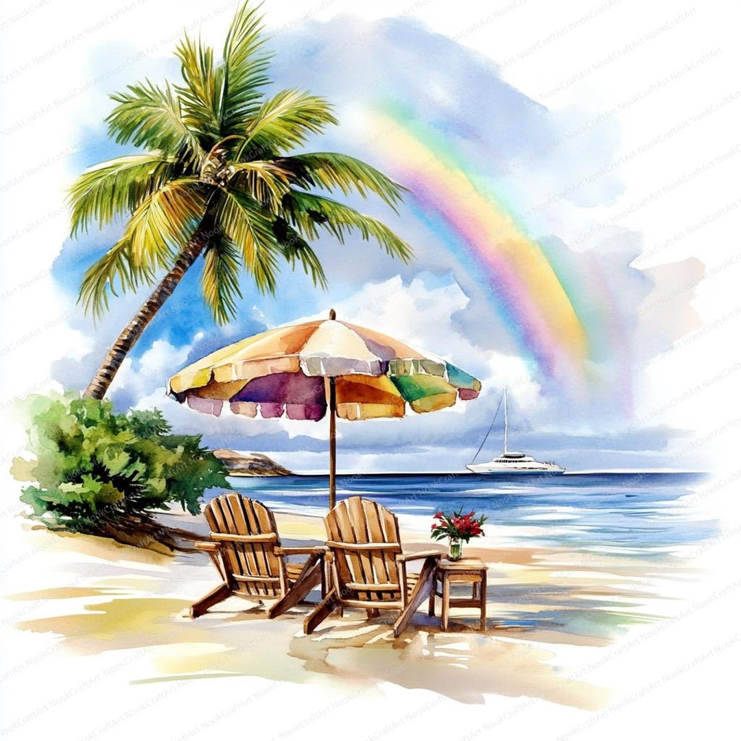20 Watercolor Tropical Beach Clipart | Summer Ocean Designs | Vacation ...