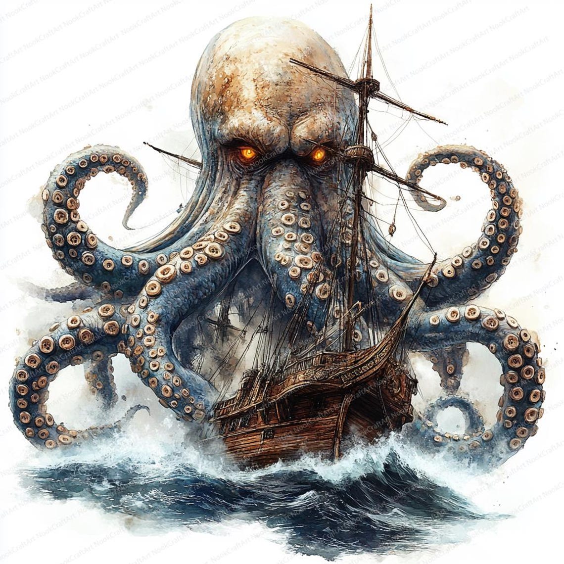 20 Kraken Holding Ship Clipart | Nautical Sea Monster Illustration ...