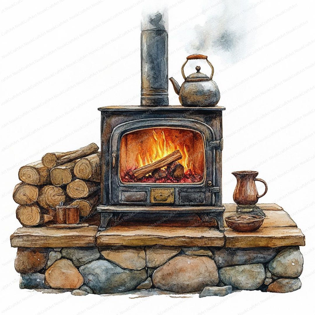 20 Rustic Wood Burning Stove Clipart | Cozy Fireplace Illustration Set ...