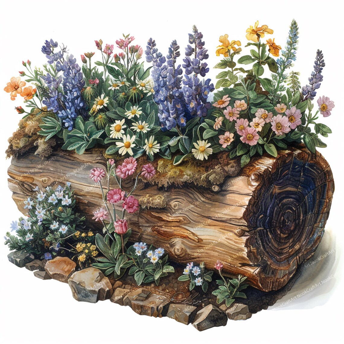 15 Flowers on a Log | Clipart Flowers | Printable Watercolor Clipart ...