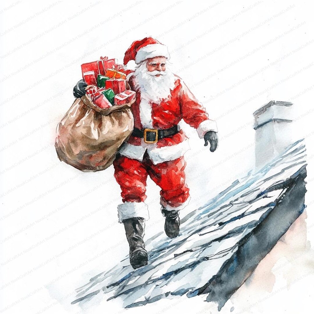 16 Santa on the Roof Clipart | Santa Descending With Gift Bags ...