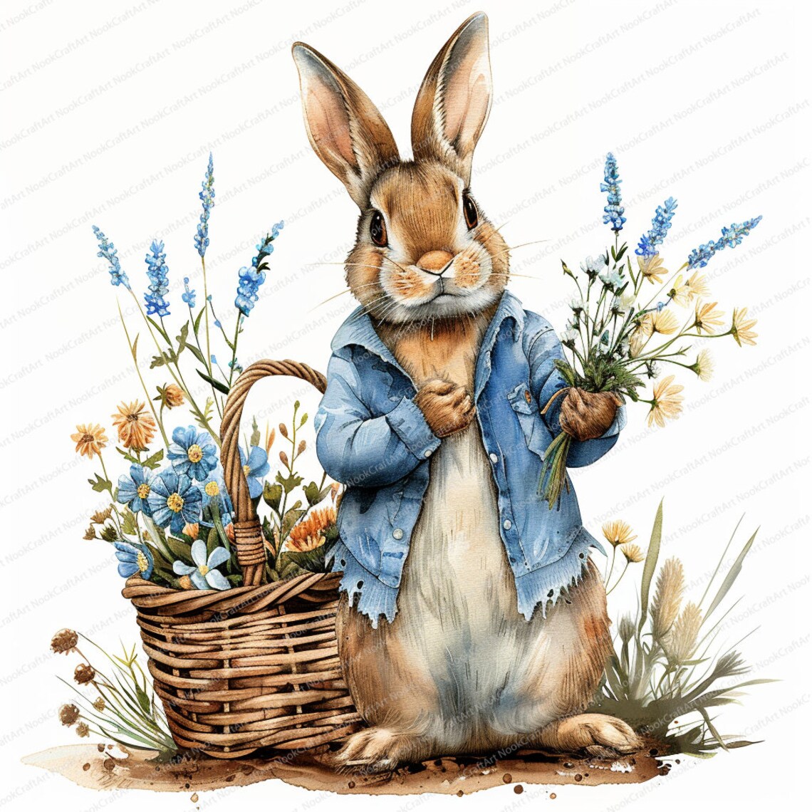 14 Spring Bunny Clipart Cute Bunny With Flowers Printable Watercolor ...