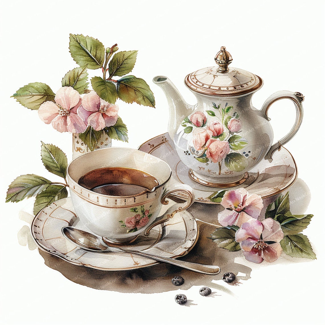 12 Tea Set Clipart Floral Tea Set Printable Watercolor Clipart High ...