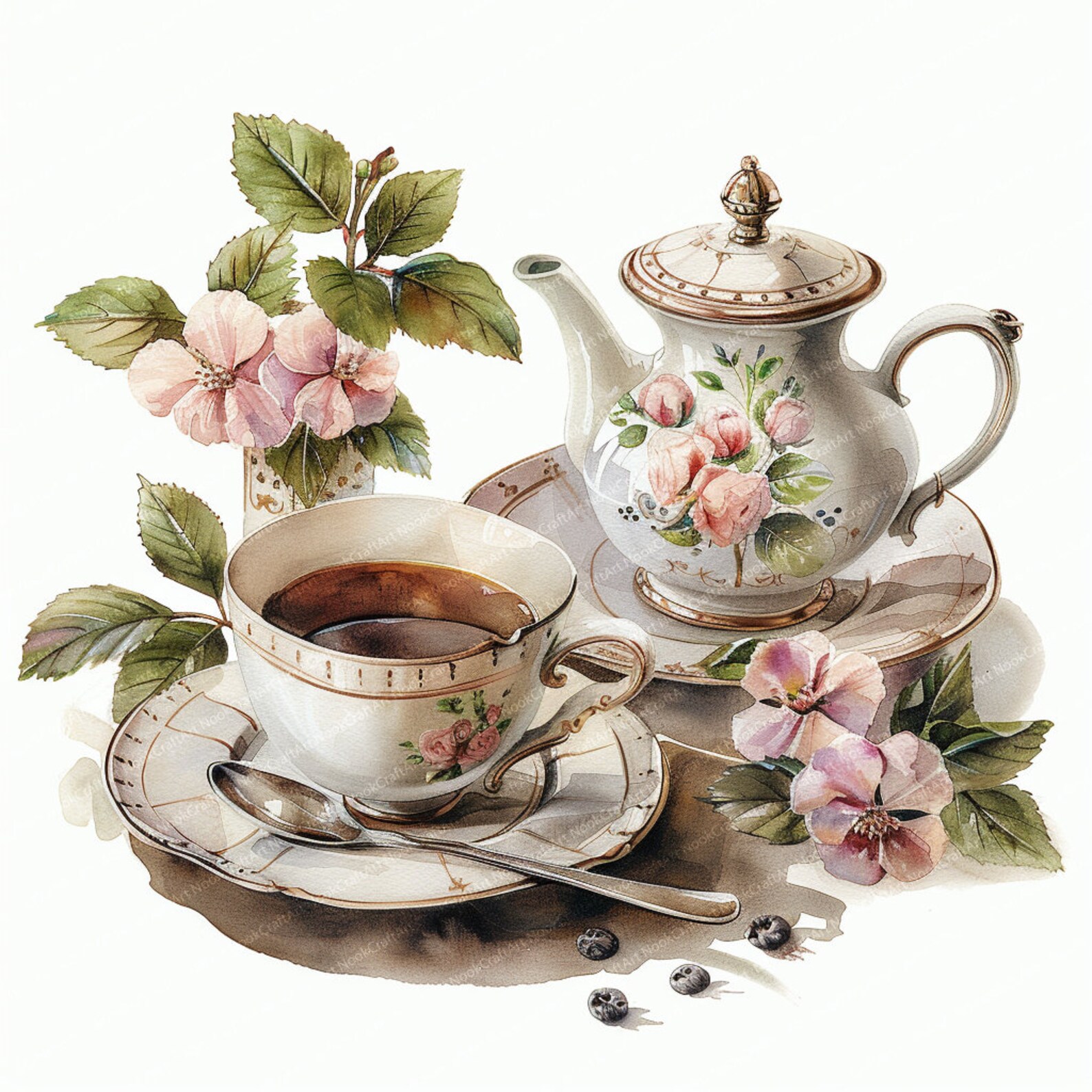 12 Tea Set Clipart Floral Tea Set Printable Watercolor Clipart High ...