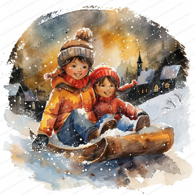 12 Cliparts Kids on Sleds Winter Clipart Printable Watercolor Clipart ...