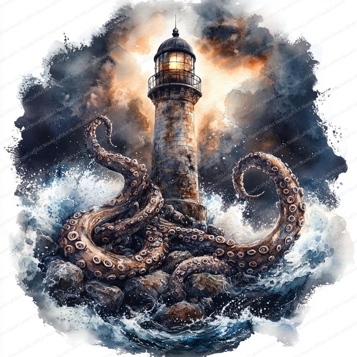 Kraken Lighthouse Watercolor Clipart: Nautical Fantasy Art (JPG) - Etsy