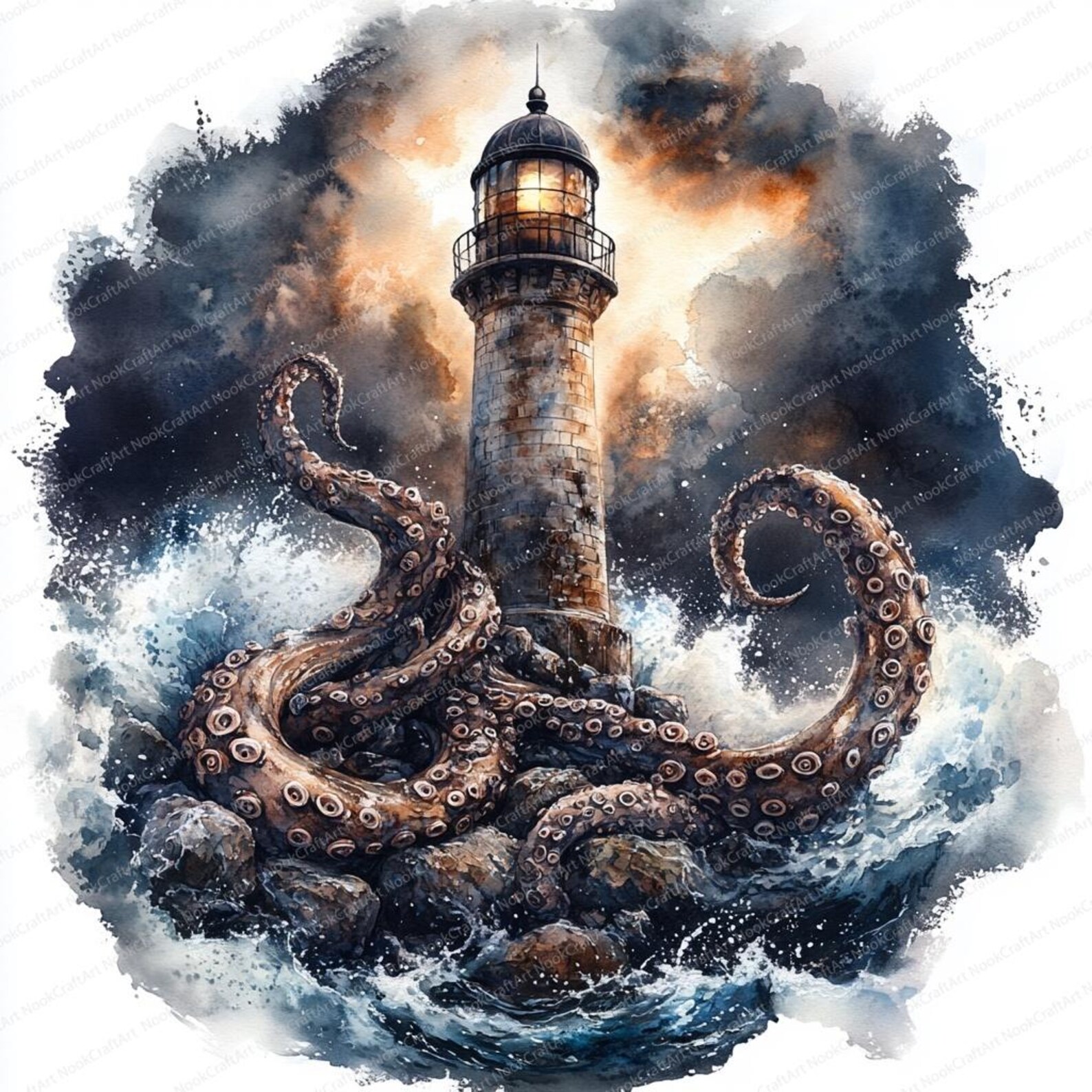 Kraken Lighthouse Watercolor Clipart: Nautical Fantasy Art (JPG) - Etsy