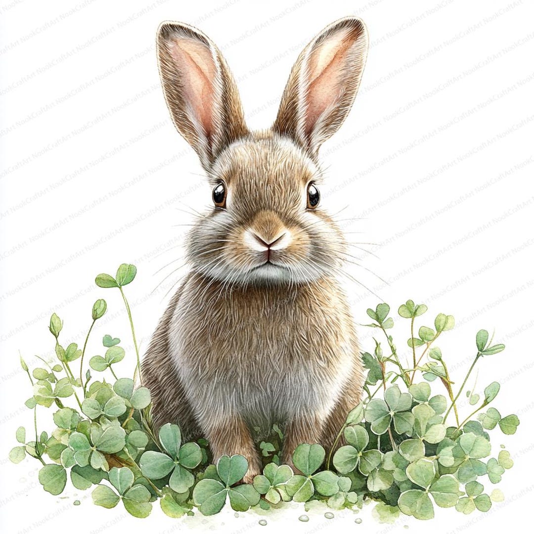22 Rabbit in Clover Clipart | Cute Bunny in Meadow Illustration ...