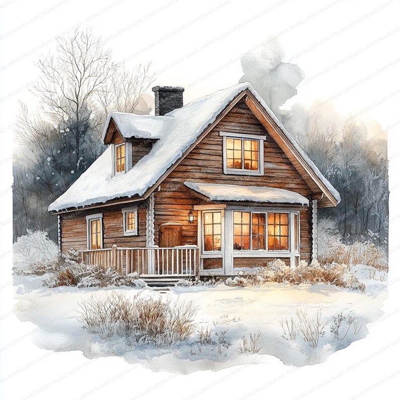 22 Scandinavian Winter House Clipart | Cozy Snowfall Scene Design ...
