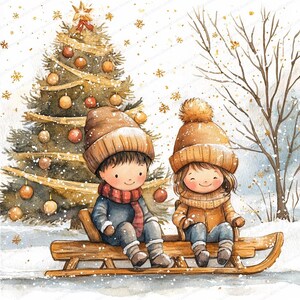 17 Winter Sledding Kids Clipart | Festive Christmas Tree Scene ...