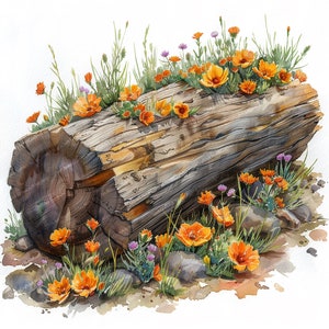 15 Flowers on a Log | Clipart Flowers | Printable Watercolor Clipart ...