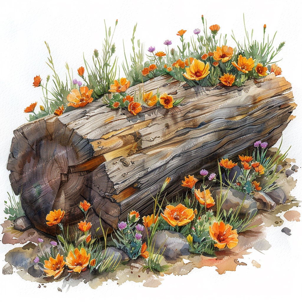 15 Flowers on a Log | Clipart Flowers | Printable Watercolor Clipart ...