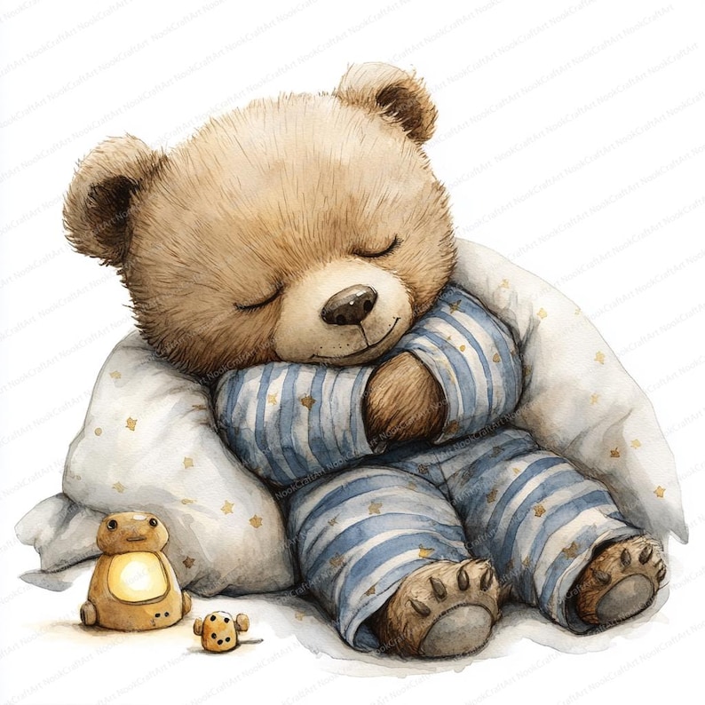 24 Sleeping Bear in Pajamas Clipart | Cute Bedtime Digital Illustration ...