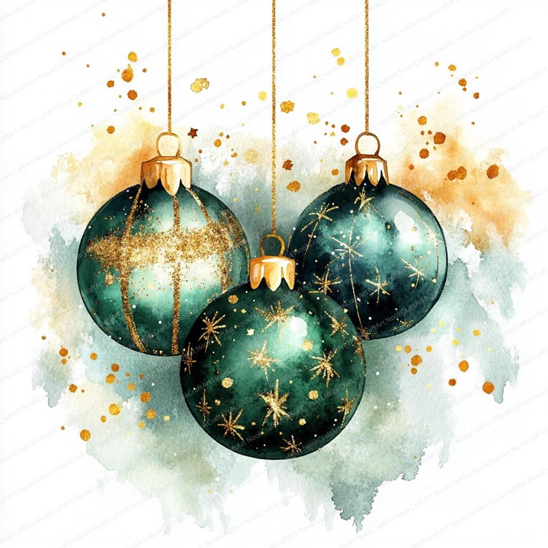 20 Christmas Card Clipart | Green and Gold Baubles Design | Printable ...