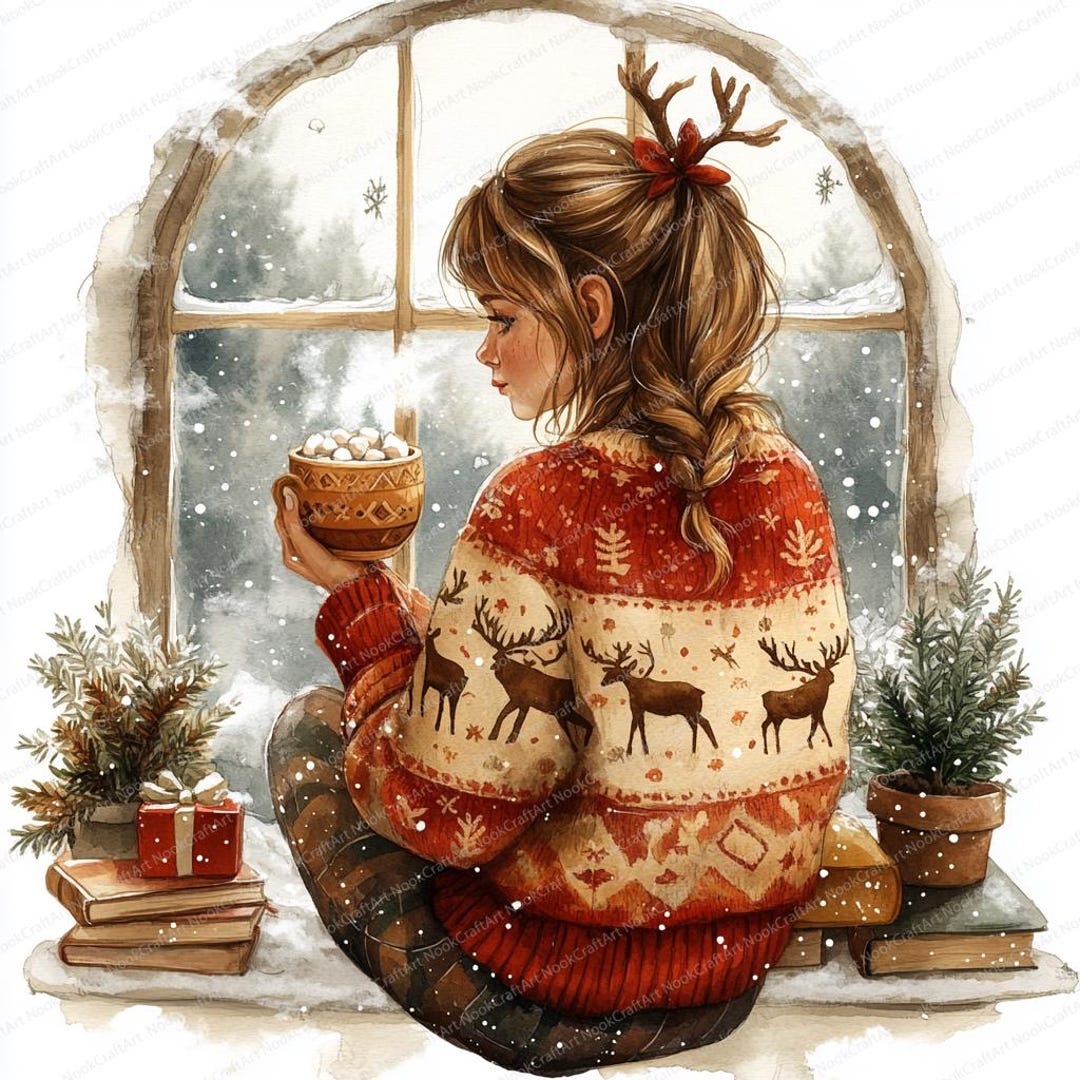 18 Cozy Winter Girl Clipart | Warm Sweater and Cocoa Scene | Printable ...
