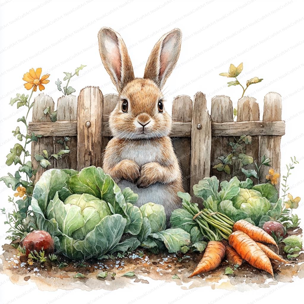 Rabbit Garden Watercolor Clipart: Bunny With Carrots, Cabbage (JPG) - Etsy