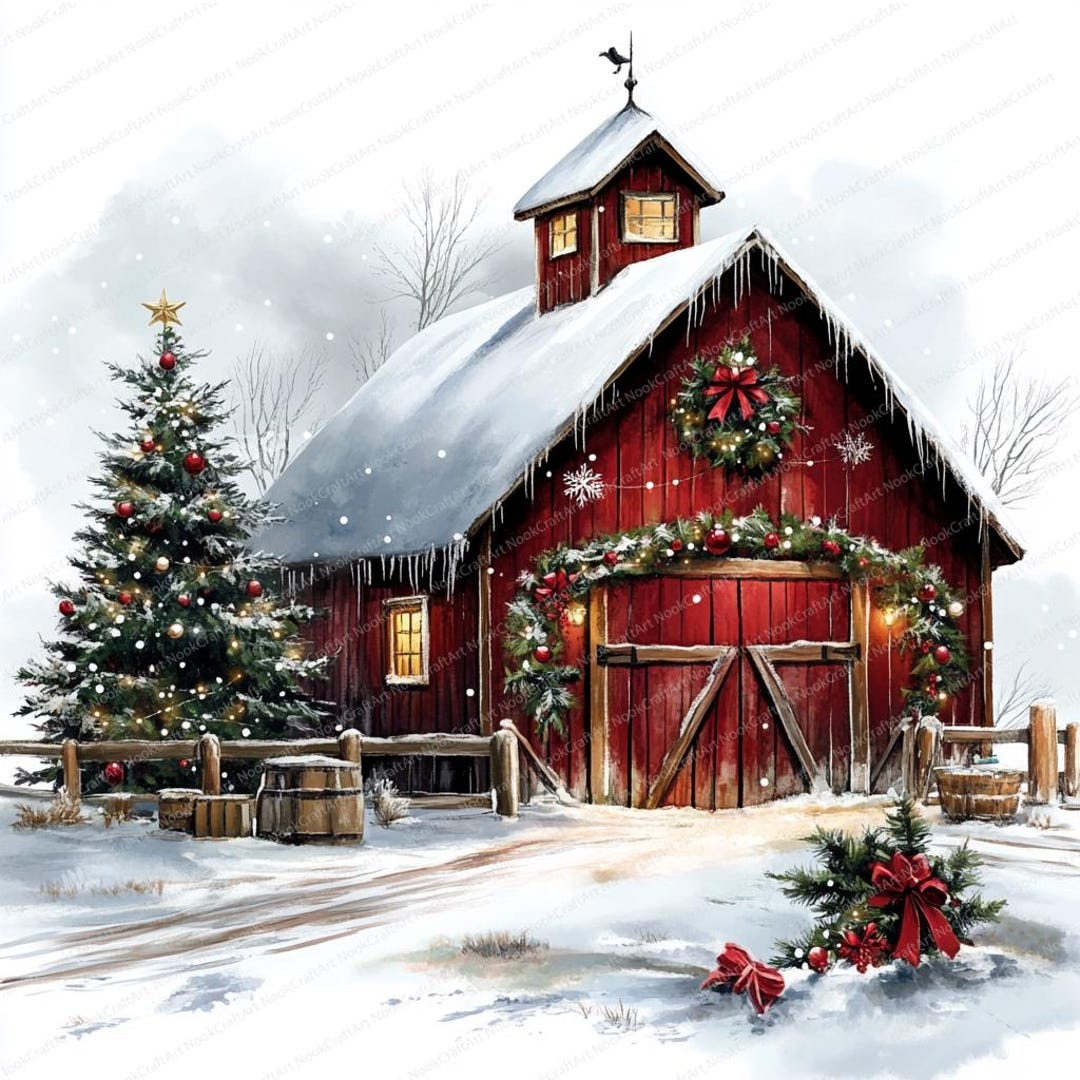 14 Christmas Farm Barn Clipart | Watercolor Christmas Farmhouse ...