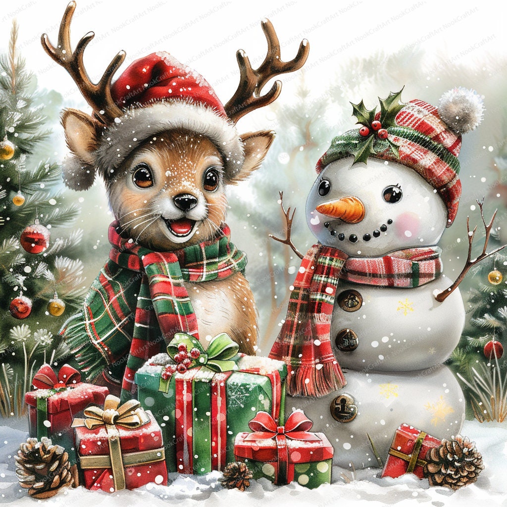 12 Cute Snowmen With Reindeer Clipart | Christmas Clipart | Printable ...