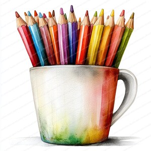 21 Colored Pencils in a Cup Clipart | Vibrant Art Supplies Illustration ...