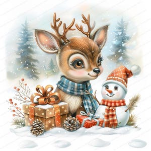 17 Christmas Clipart | Snowman and Reindeer | Printable Watercolor ...