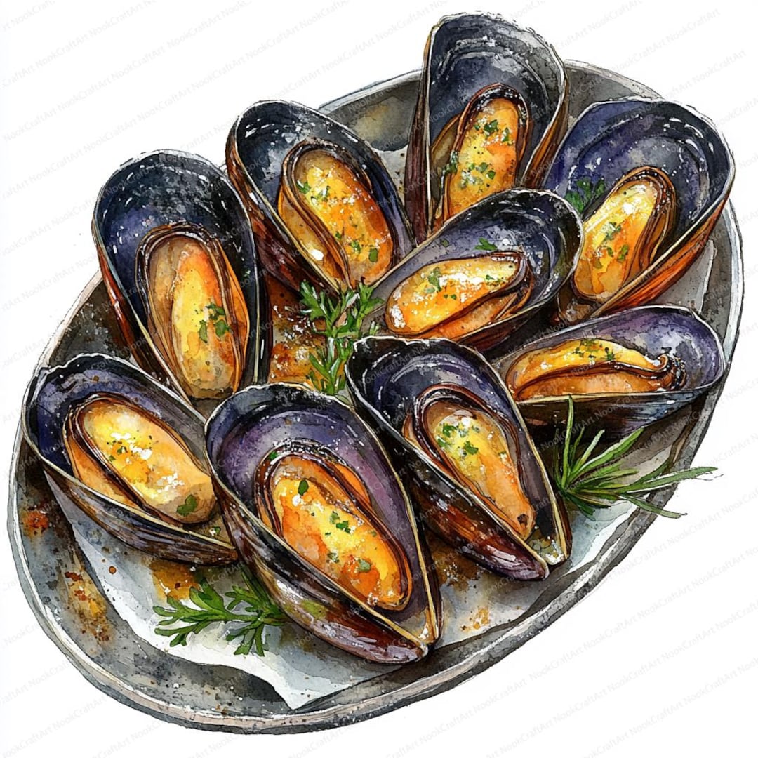 20 Mussels Garlic Herb Clipart | Delicious Seafood Digital Art ...