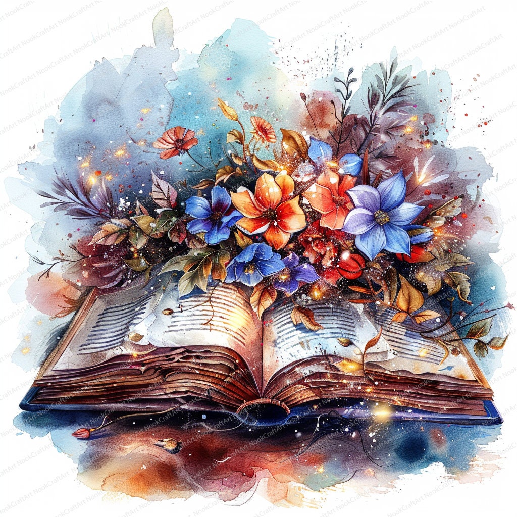 12 Floral Magical Books Clipart Open Book Clipart Printable Watercolor ...