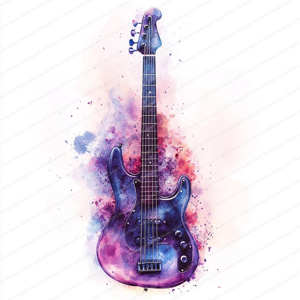 21 Watercolor Bass Guitar Clipart | Purple-pink Artistic Vibes ...
