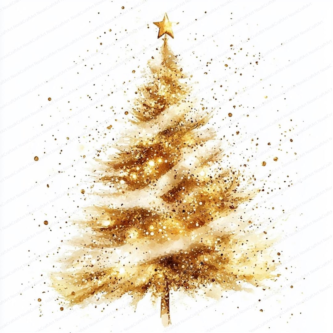 16 Golden Christmas Tree Clipart | Holiday Card | Printable Watercolor ...