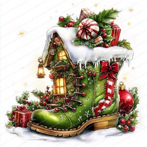16 Christmas Fairy’s Boot House Clipart | Whimsical Holiday Houses ...