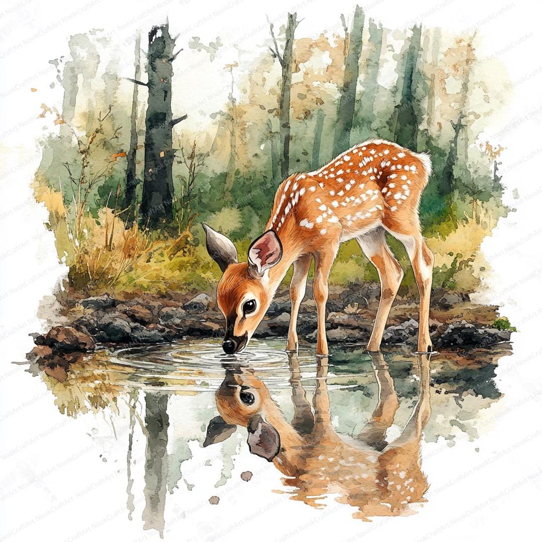 17 Deer Fawn Drinking Water Clipart | Woodland Stream Nature ...