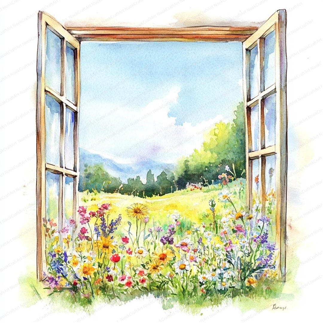 17 Window Scenes With Meadow View Clipart | Window With Blooming ...
