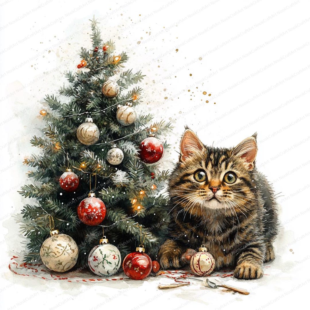 20 Cat Christmas Tree Mishap Clipart | Whimsical Feline Holiday Design ...