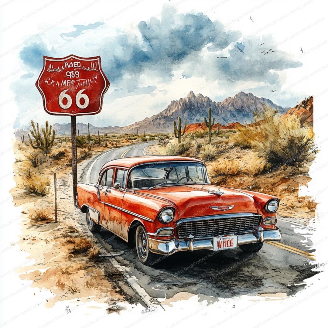 16 Route 66 Retro Car Clipart | Vintage Automobile Illustration Design ...