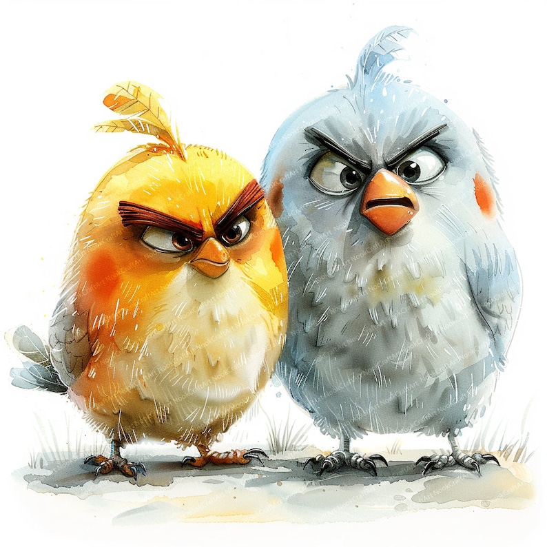 12 Grumpy Birds Clipart Cute Fluffy Birds Digital Clipart Watercolor ...