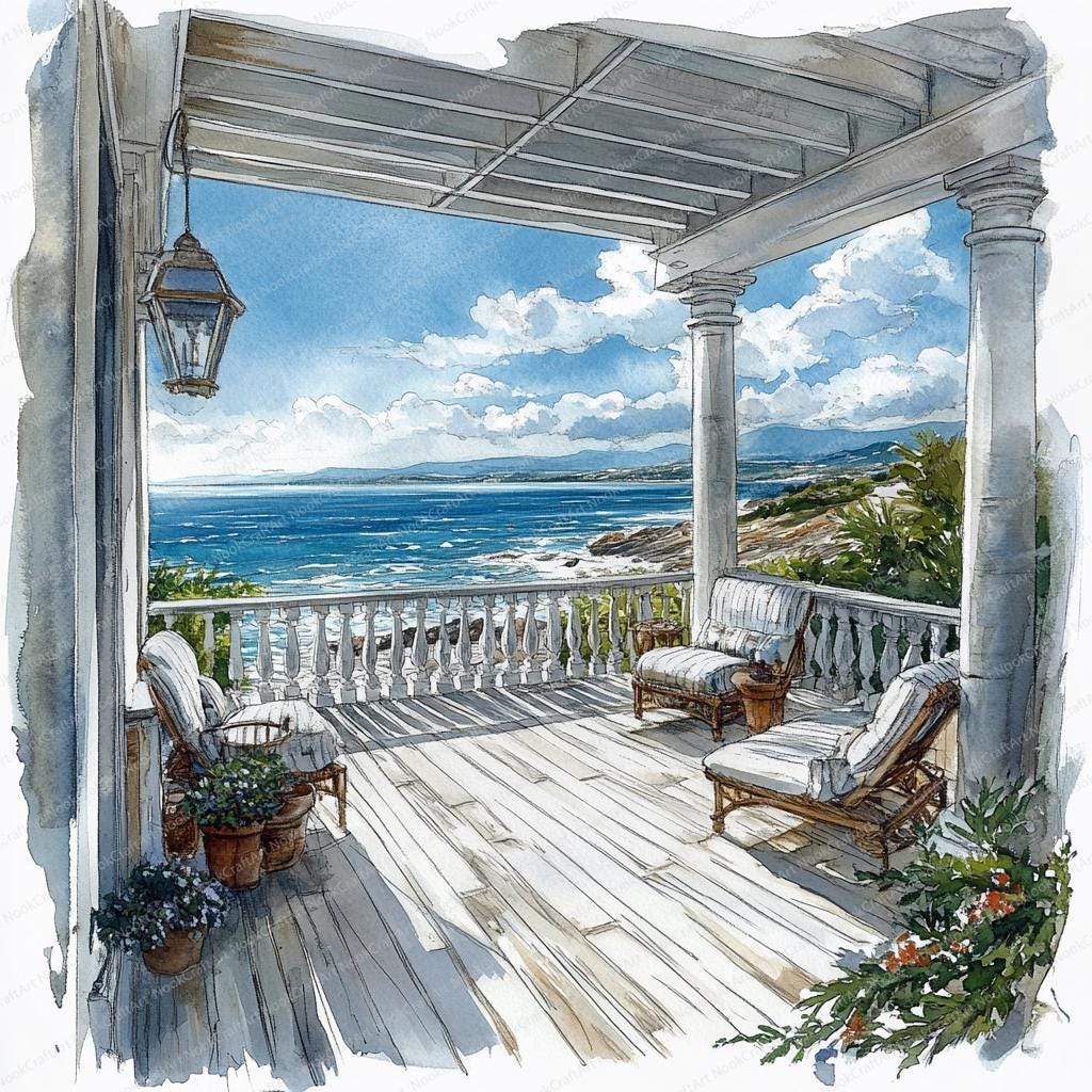 18 Veranda With Ocean View Clipart | Coastal Porch Scene | Printable ...