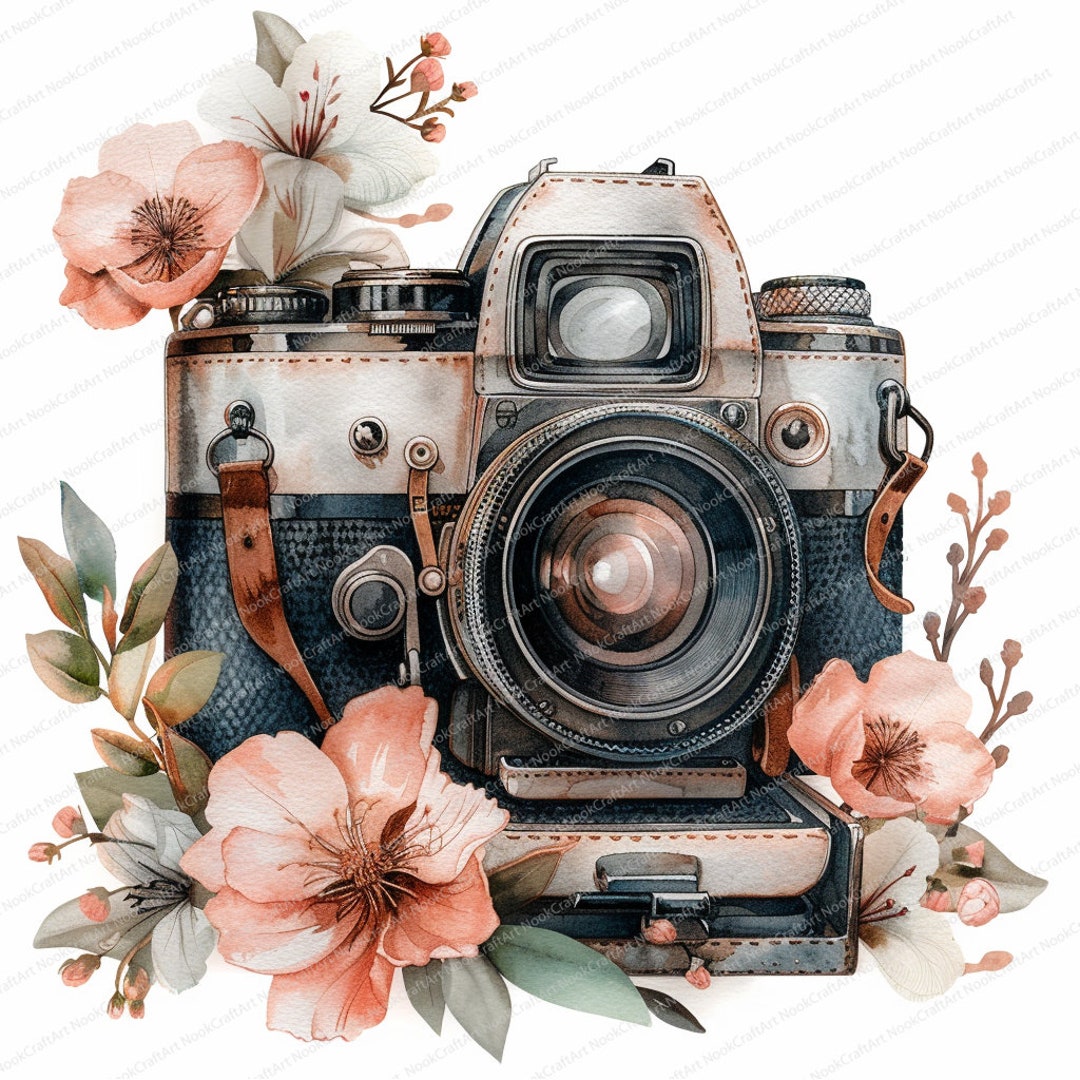 12 Vintage Floral Camera Clipart | Old Camera | Printable Watercolor ...