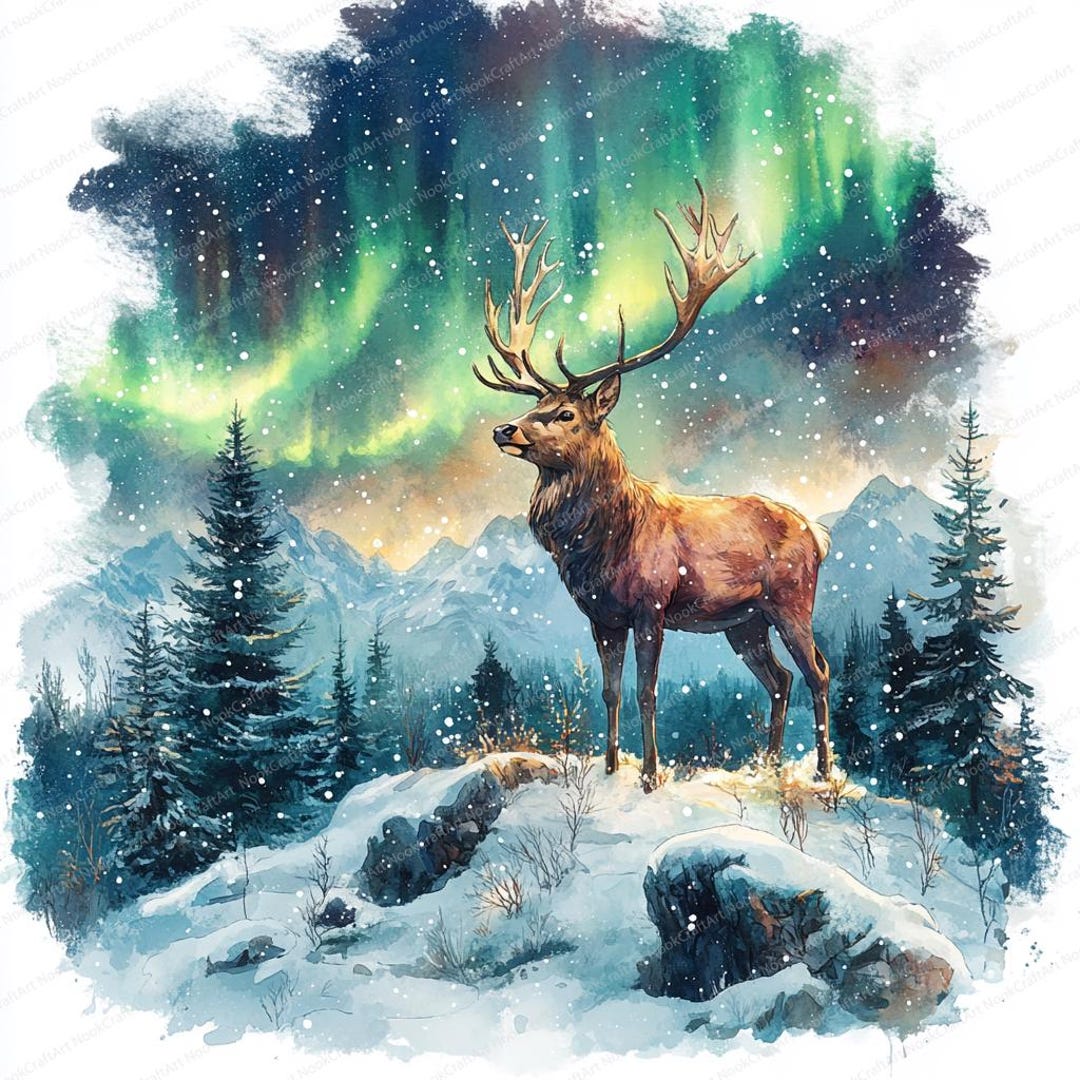 18 Reindeer Northern Lights Clipart | Magical Aurora Deer Illustration ...