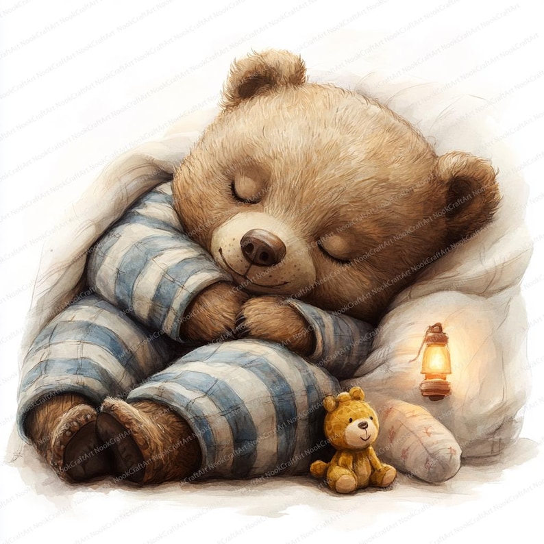 24 Sleeping Bear in Pajamas Clipart | Cute Bedtime Digital Illustration ...