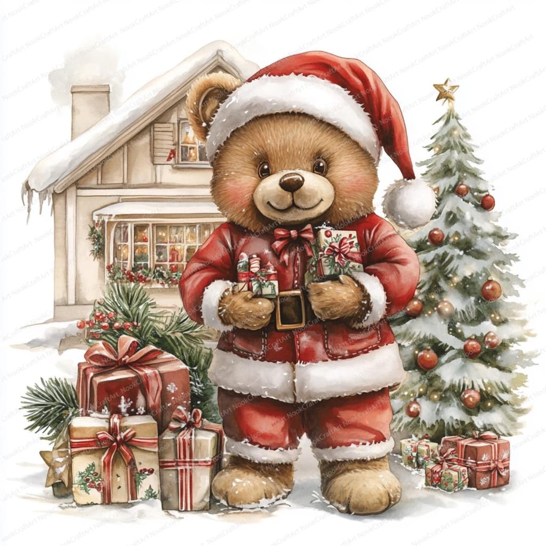 16 Christmas Teddy Bear Clipart | Watercolor Christmas Bear | Printable ...
