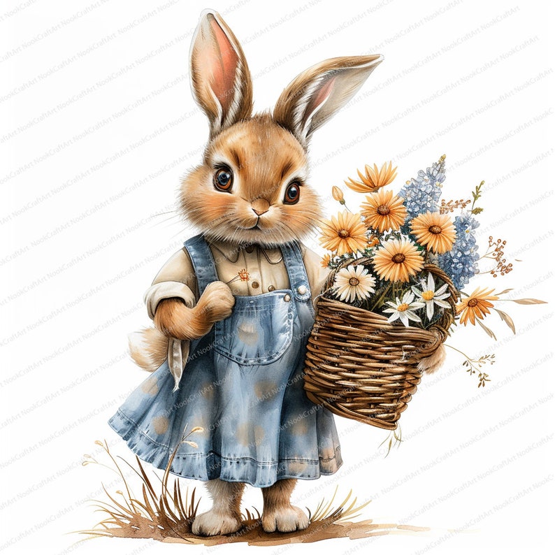 14 Spring Bunny Clipart Cute Bunny With Flowers Printable Watercolor ...